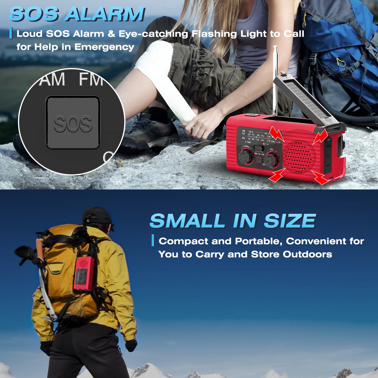 【2024 Newest】 NOAA Emergency Weather Radio, 4000mAh Weather Alert Radio Solar Charging, Hand Crank & USB Charged, AM/FM Radio with LED Flashlight, Reading Lamp, SOS Alarm, Headphone Jack for Outdoor