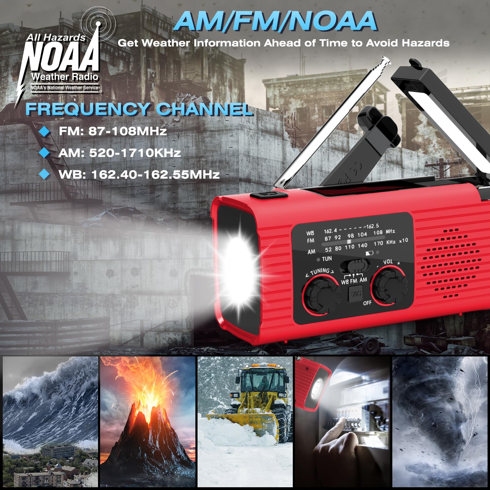 【2024 Newest】 NOAA Emergency Weather Radio, 4000mAh Weather Alert Radio Solar Charging, Hand Crank & USB Charged, AM/FM Radio with LED Flashlight, Reading Lamp, SOS Alarm, Headphone Jack for Outdoor