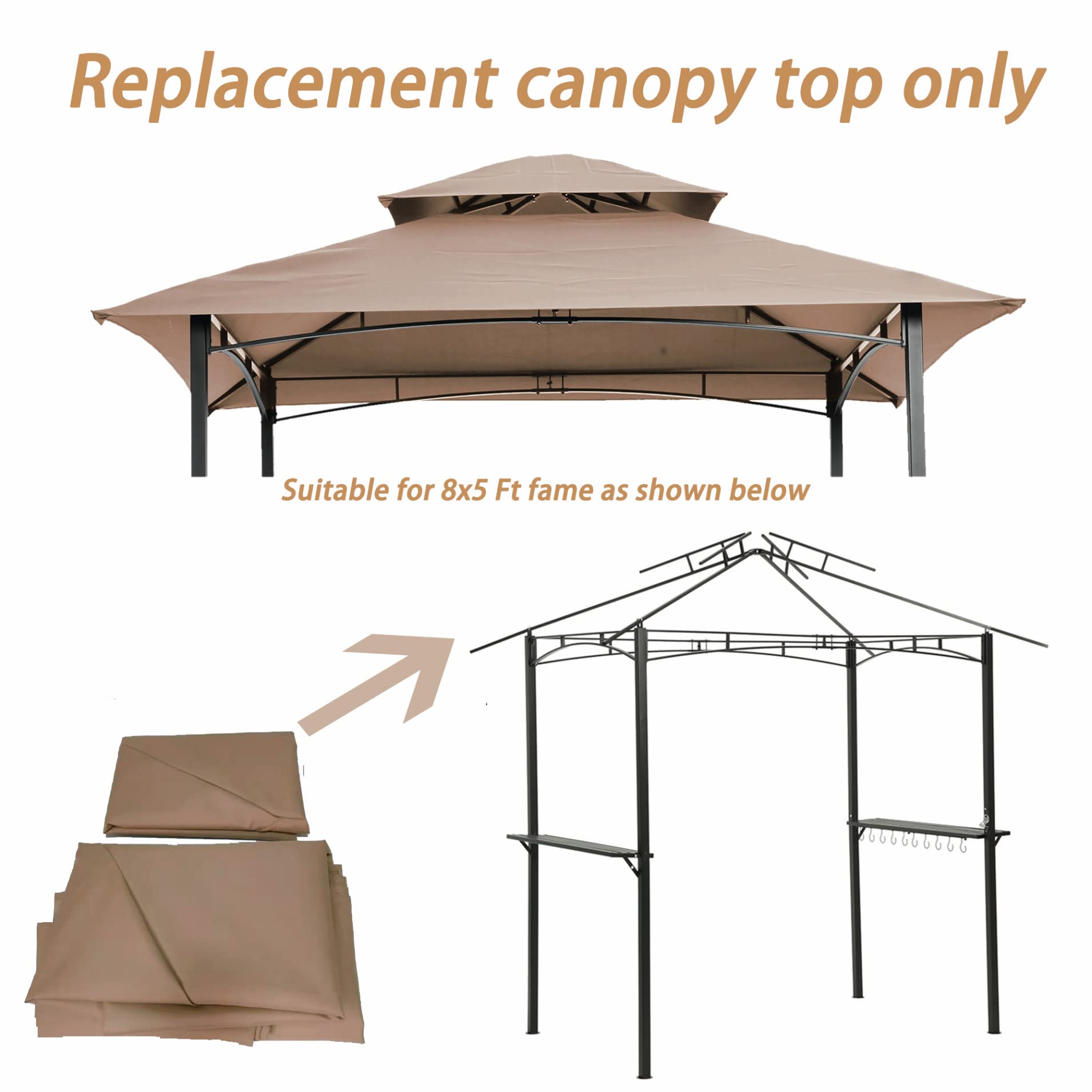 voqoomkl 5×8 Grill Gazebo Replacement Canopy Cover, Double Tiered Outdoor Grill Canopy Top, UV Resistant and Waterproof BBQ Tent Grill Shelter Cover for Barbecue and Picnic, Beige