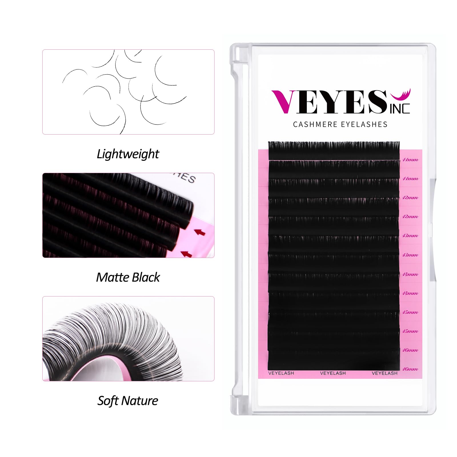 VEYES INC Cashmere Volume Lash Extensions C CC D DD LD L B J M Curl 0.03-0.20 thickness, Super Matte Black Individual Eyelashes Tray, Professional Supplies for Lash Techs (0.05 CC 12mm)