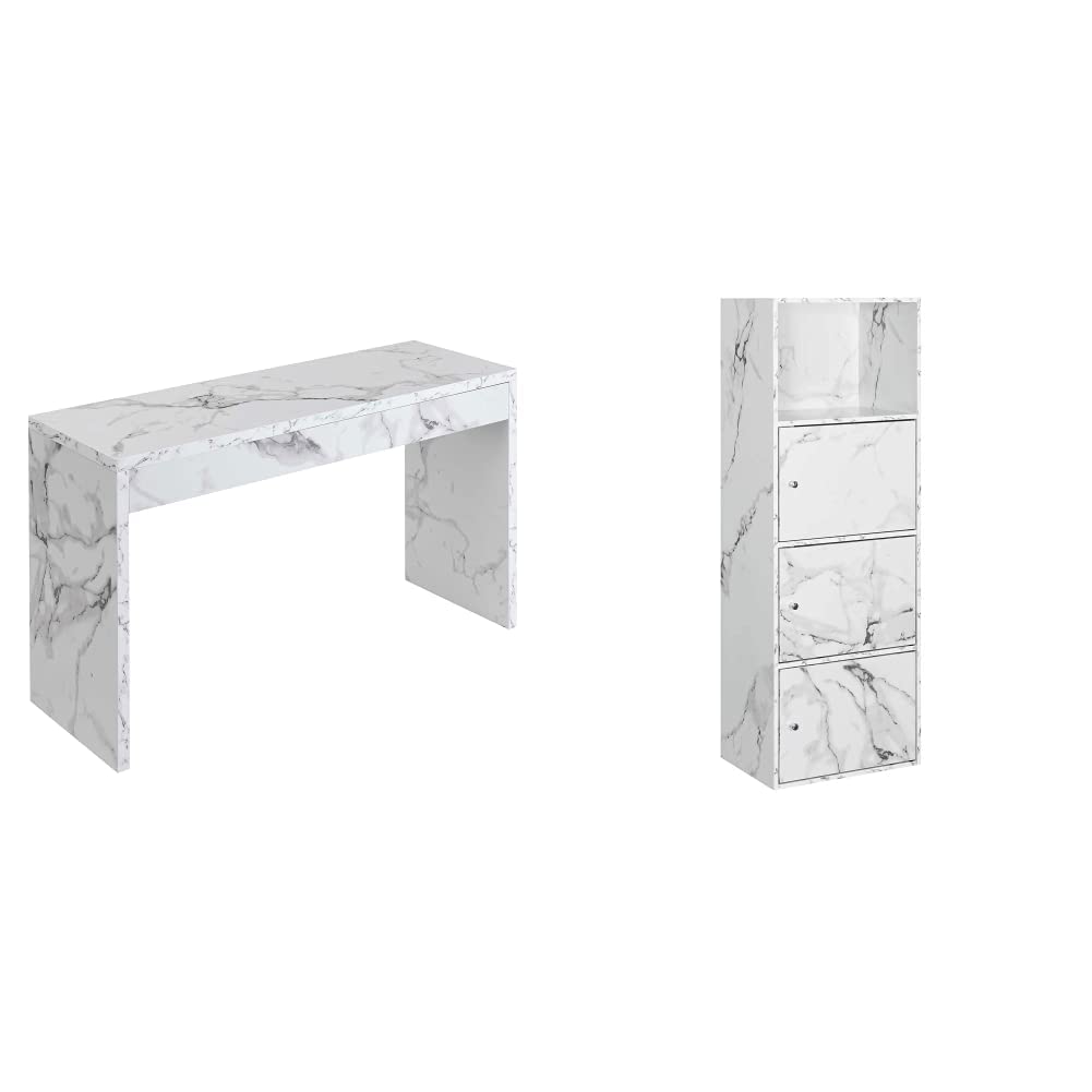 Convenience Concepts Northfield Hall Console Desk Table, White Faux Marble & Xtra Storage 3 Door Cabinet with Shelf, White Faux Marble