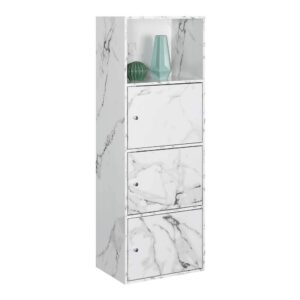 Convenience Concepts Northfield Hall Console Desk Table, White Faux Marble & Xtra Storage 3 Door Cabinet with Shelf, White Faux Marble