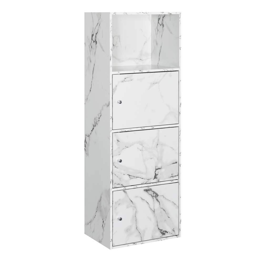 Convenience Concepts Northfield Hall Console Desk Table, White Faux Marble & Xtra Storage 3 Door Cabinet with Shelf, White Faux Marble