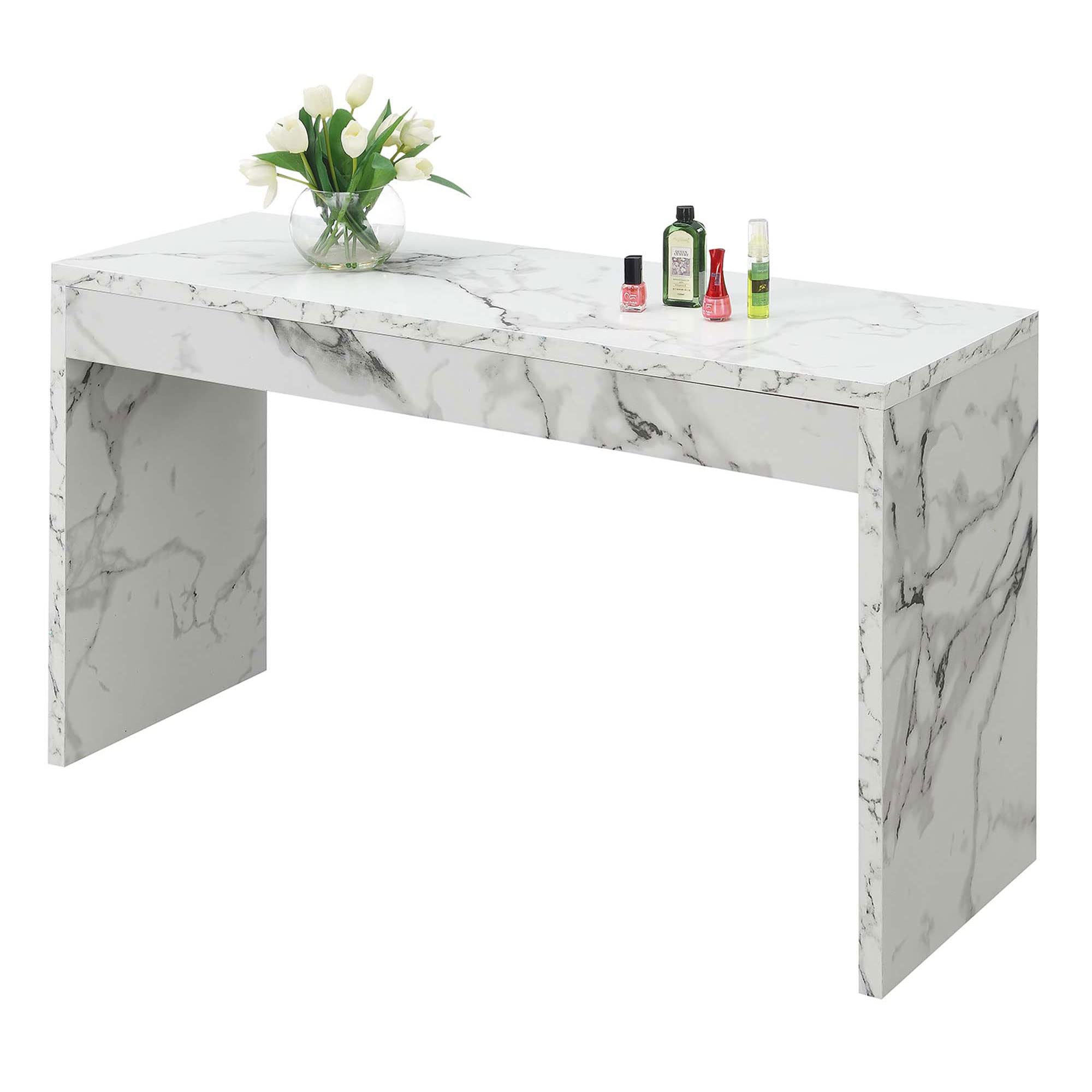 Convenience Concepts Northfield Hall Console Desk Table, White Faux Marble & Xtra Storage 3 Door Cabinet with Shelf, White Faux Marble