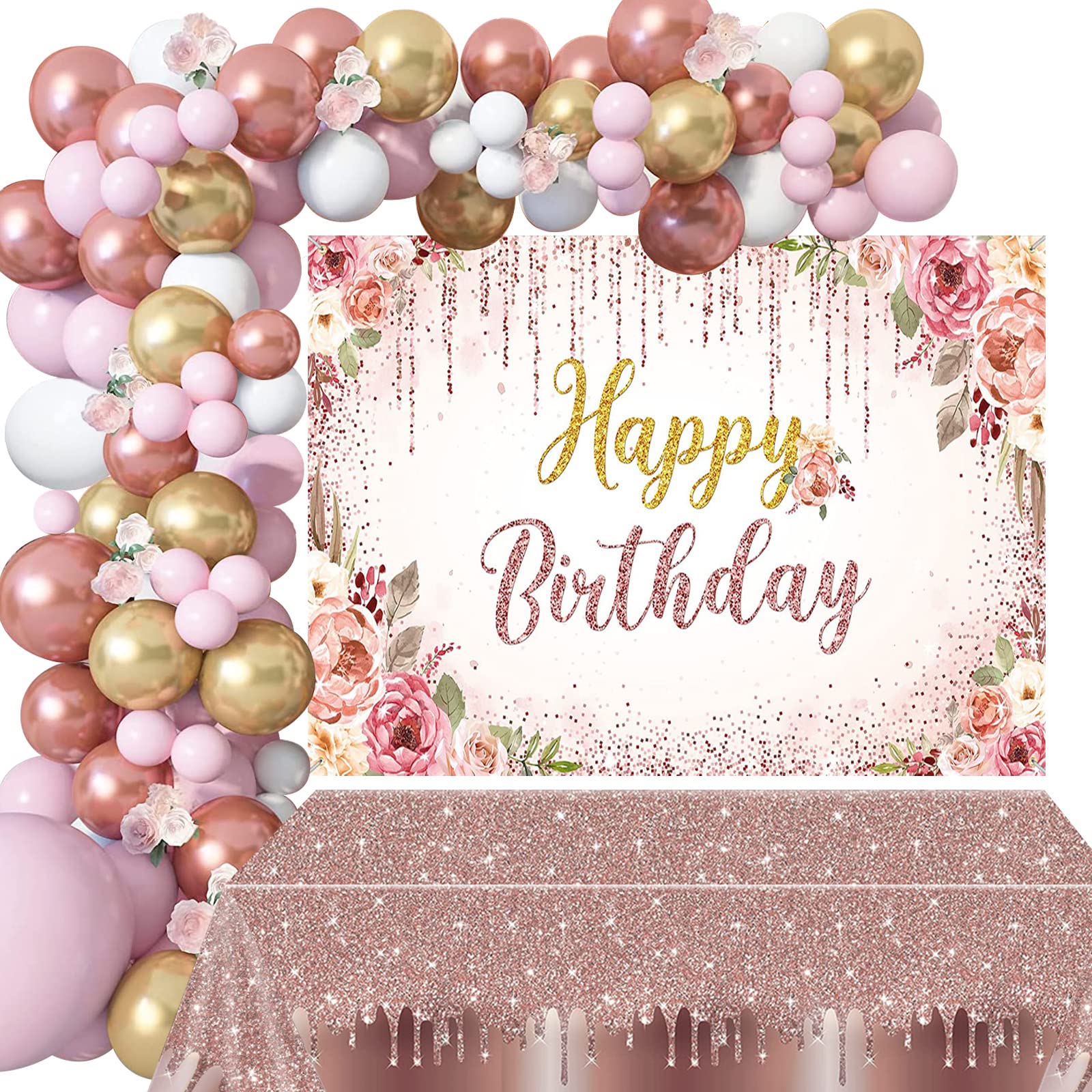 Floral Happy Birthday Decorations Women, 131PCS Rose Gold Flower Birthday Party Supplies Including Happy Birthday Backdrop, Balloon Arch/Garland Kit, Birthday Tabblecloth for Girls