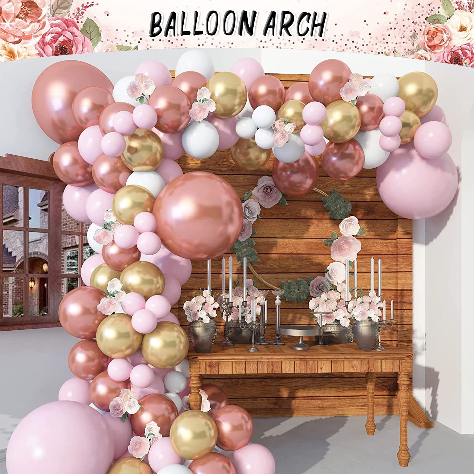 Floral Happy Birthday Decorations Women, 131PCS Rose Gold Flower Birthday Party Supplies Including Happy Birthday Backdrop, Balloon Arch/Garland Kit, Birthday Tabblecloth for Girls