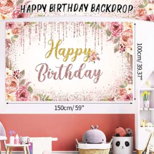 Floral Happy Birthday Decorations Women, 131PCS Rose Gold Flower Birthday Party Supplies Including Happy Birthday Backdrop, Balloon Arch/Garland Kit, Birthday Tabblecloth for Girls