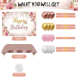 Floral Happy Birthday Decorations Women, 131PCS Rose Gold Flower Birthday Party Supplies Including Happy Birthday Backdrop, Balloon Arch/Garland Kit, Birthday Tabblecloth for Girls