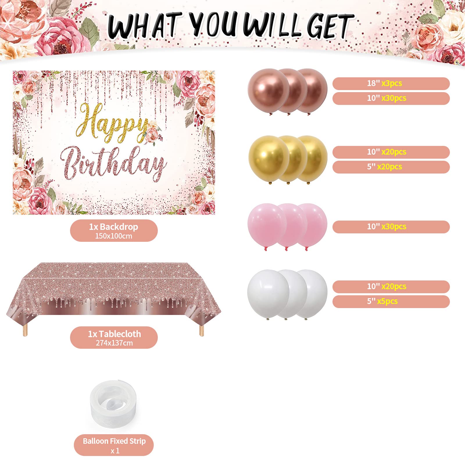 Floral Happy Birthday Decorations Women, 131PCS Rose Gold Flower Birthday Party Supplies Including Happy Birthday Backdrop, Balloon Arch/Garland Kit, Birthday Tabblecloth for Girls