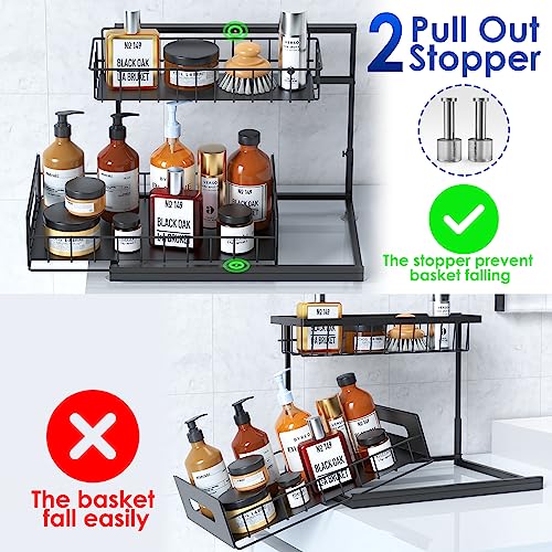 Under Sink Organizers and Storage, Double Pull Out L-shape Cabinet Organizer, 2 Tier Adjustable Height Under Sink Organizers and Storage for bathroom kitchen(2023 Upgrade)