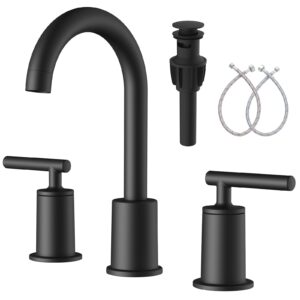 vxv bathroom faucets matte black, 2 handle widespread bathroom sink faucet, bathroom faucet for sink 3 hole, 8 inch bathroom faucet black with pop up drain and faucet water lines