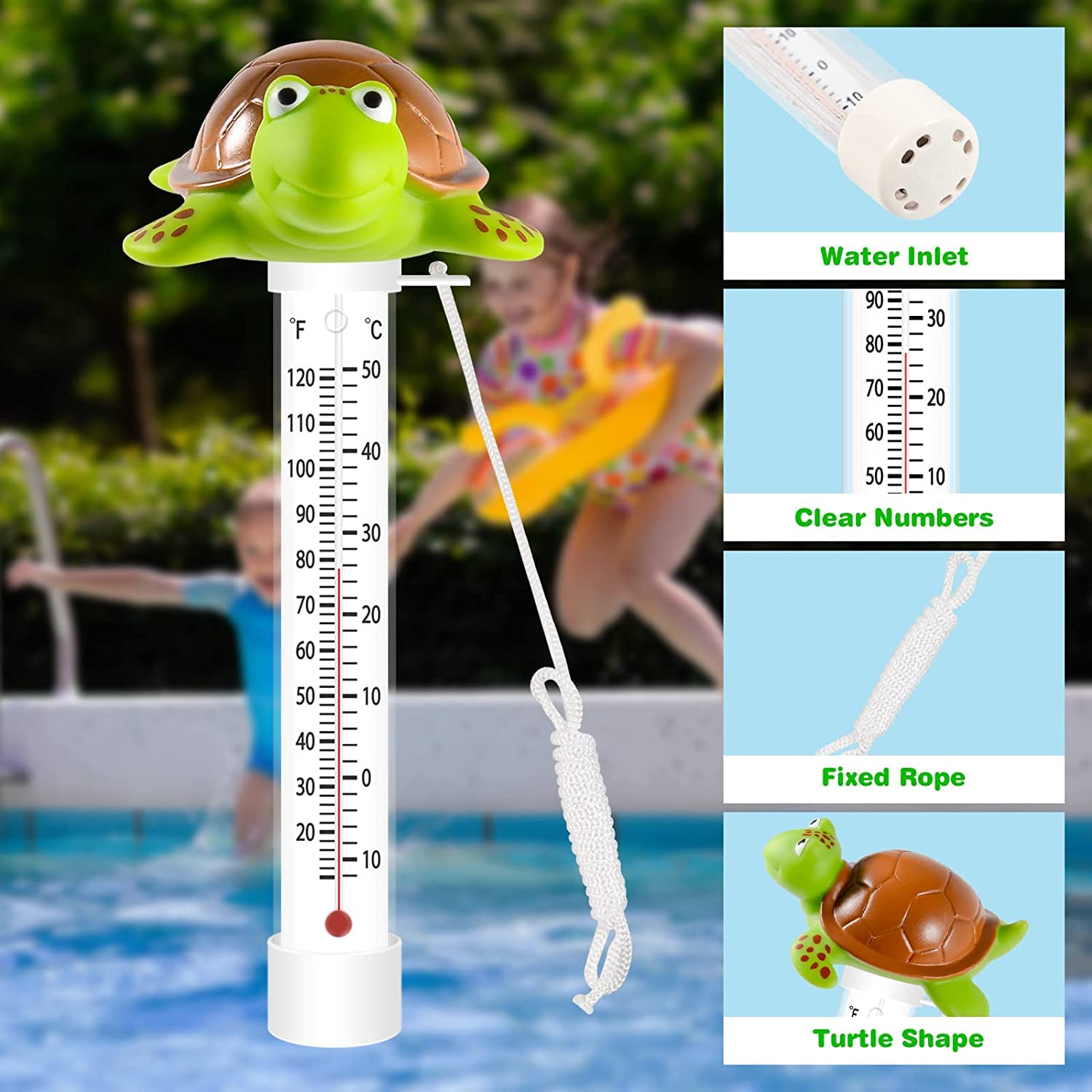 LED Floating Pool Thermometer, Large Display with String Easy to Read, Shatter Resistant, for Outdoor & Indoor Swimming Pools, Spas, Hot Tubs & Aquariums (Turtle)