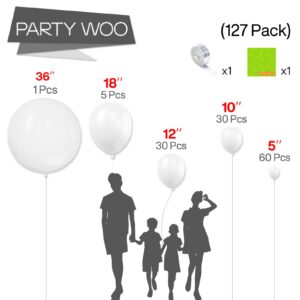 PartyWoo White Balloons, 127 pcs Matte White Balloons Different Sizes Pack of 36 Inch 18 Inch 12 Inch 10 Inch 5 Inch White Balloons for Balloon Garland or Balloon Arch as Party Decorations, White-Y13