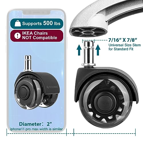 TICONN Office Chair Caster Wheels 2" Dual Wheels Set of 5 for Tile and Hardwood Floors, Universal Fit for Most Chairs (Transparent)