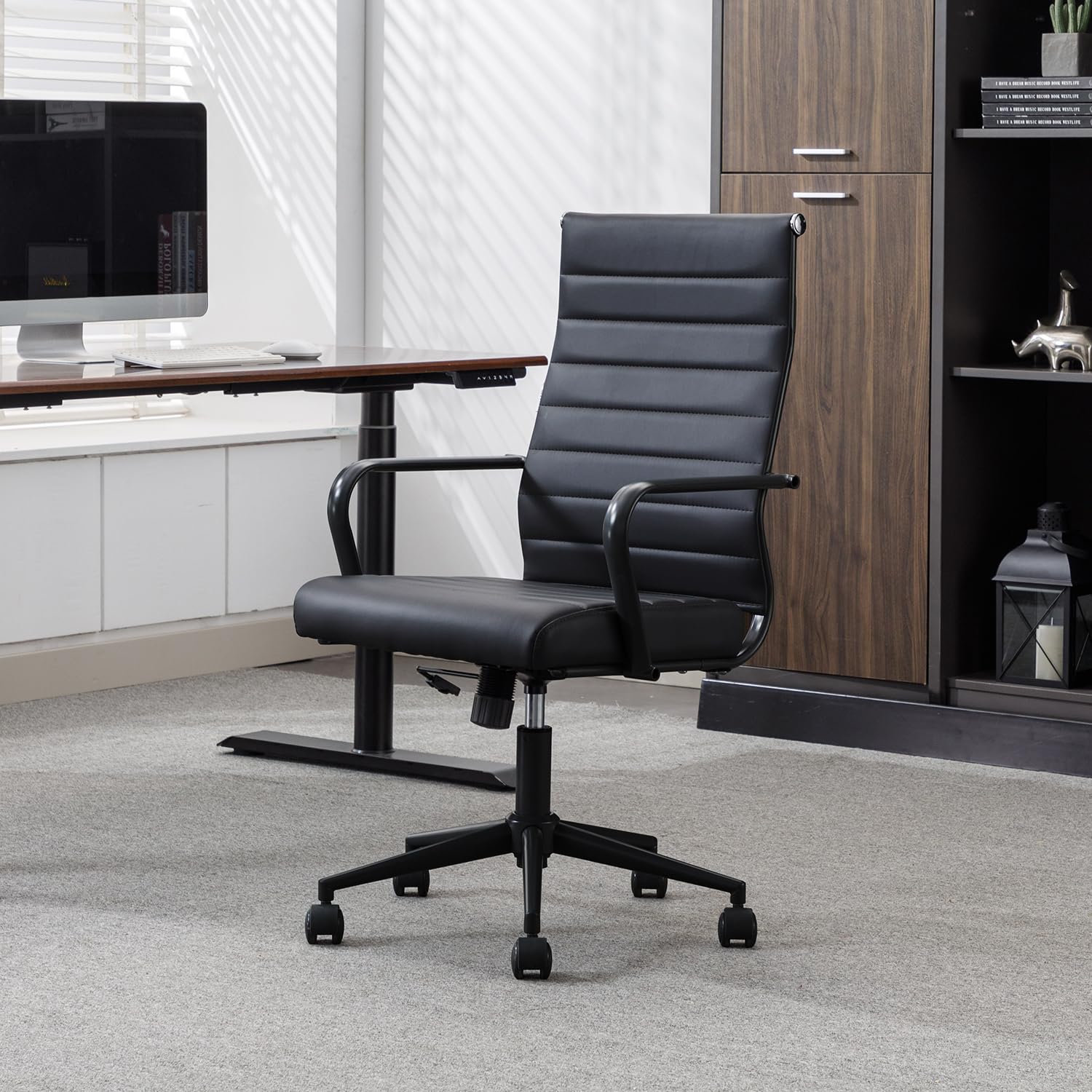 Okeysen Office Desk Chair, Ergonomic Leather Modern Conference Room Chairs, Executive Ribbed Height Adjustable Swivel Rolling Chair for Home Office.