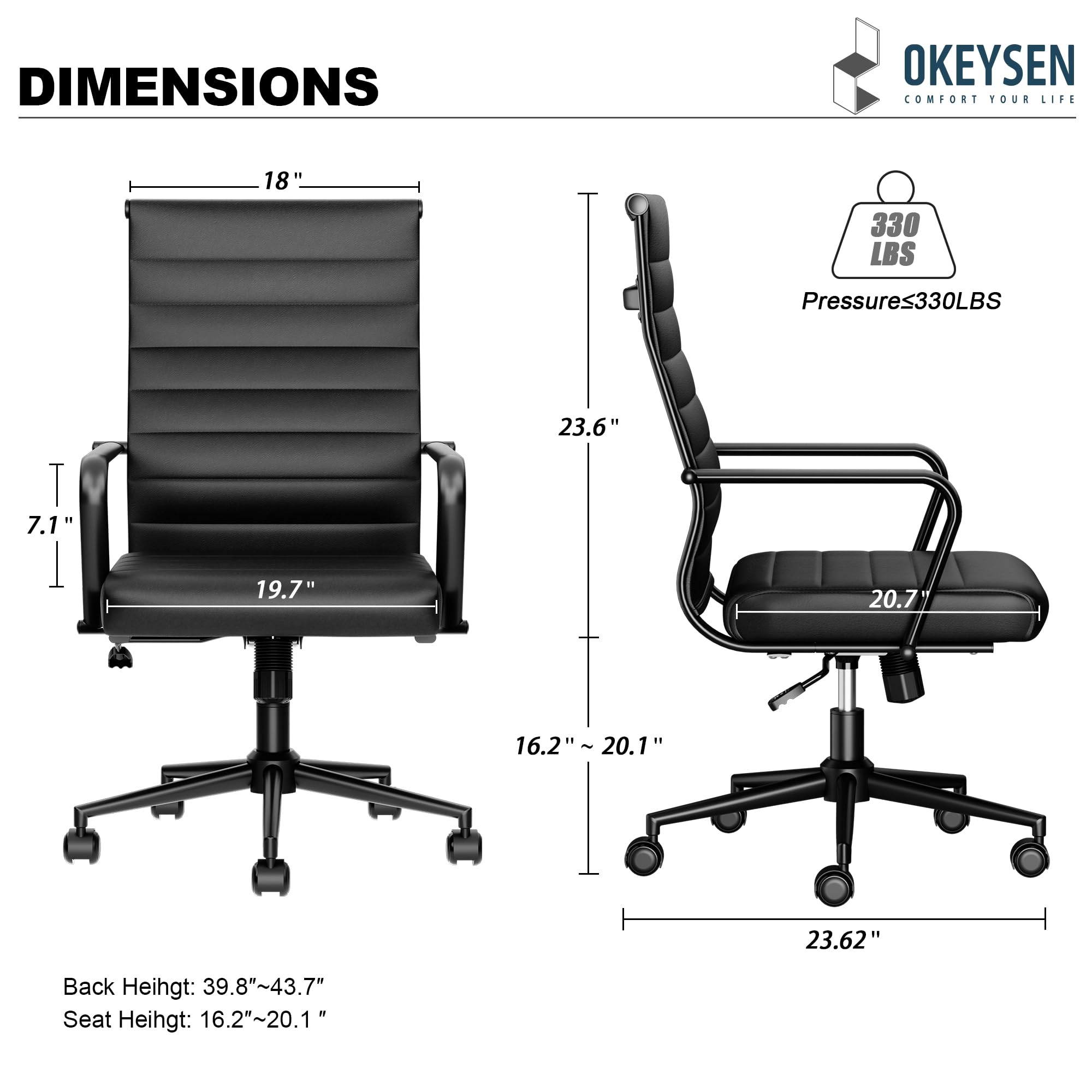 Okeysen Office Desk Chair, Ergonomic Leather Modern Conference Room Chairs, Executive Ribbed Height Adjustable Swivel Rolling Chair for Home Office.