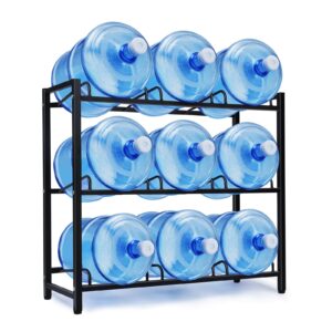 9-tray water jug rack, storage 5 gallon water cooler bottle holder stand, 3-tier heavy duty carbon steel 5 gal water bottle organizer for home, office, kitchen, warehouse, black