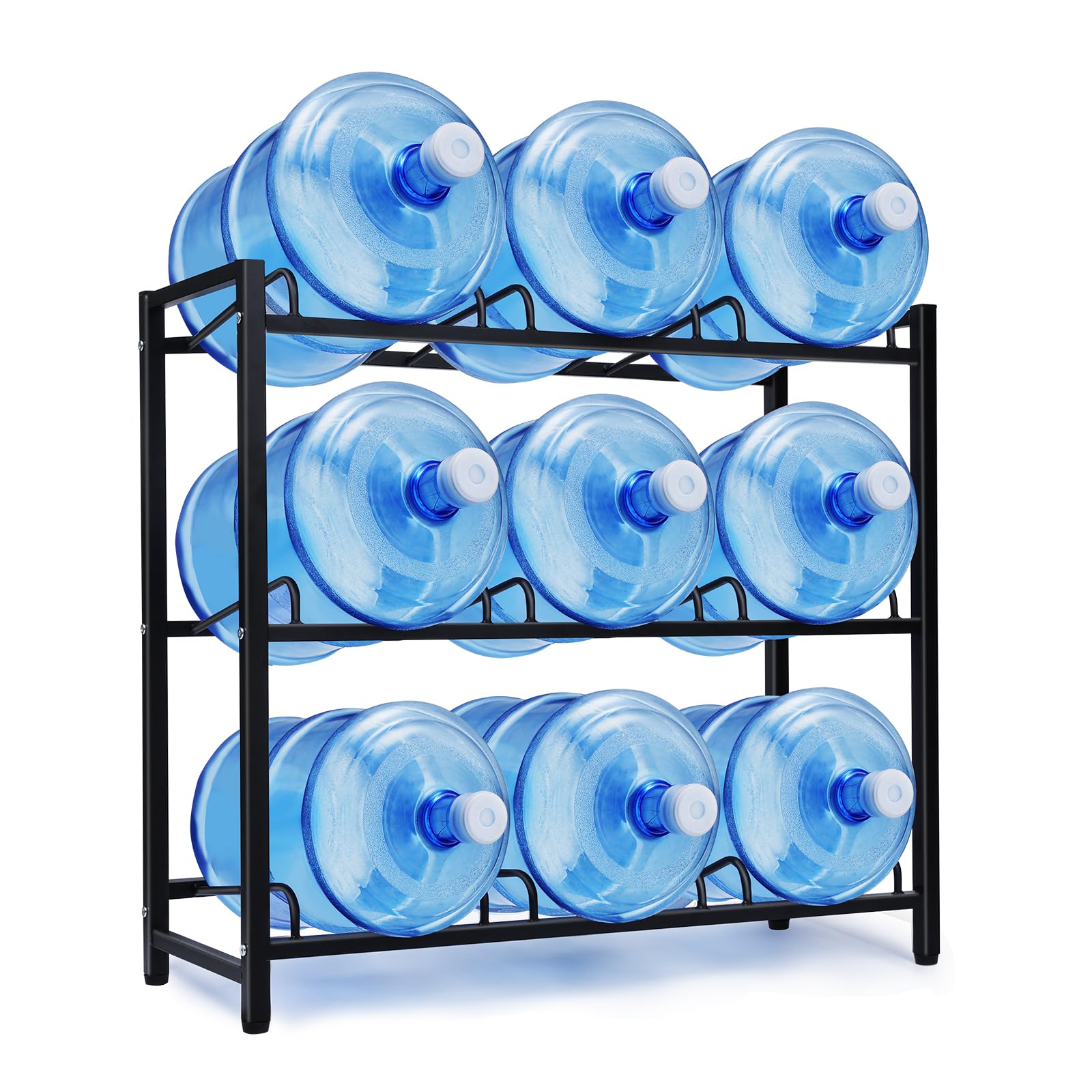 9-Tray Water Jug Rack, Storage 5 Gallon Water Cooler Bottle Holder Stand, 3-Tier Heavy Duty Carbon Steel 5 Gal Water Bottle Organizer for Home, Office, Kitchen, Warehouse, Black