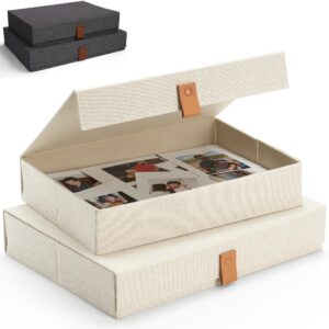 decorative photo storage boxes with lids - set of 2 beautiful linen organizers are perfect to safely store your pictures, documents, scrapbooking supplies, keepsakes and other memories in style