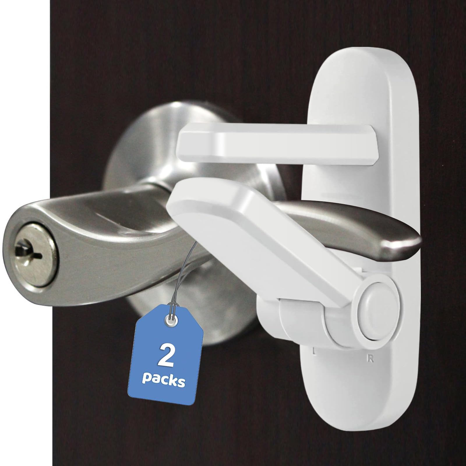 Childproof Door Lever Lock Baby safety locks for doors (2 Pack) Improved door safety for kids, 3M Adhesive No Drilling Child Safety Door Handle Lock. Simple Install, No Tools Needed (White, 2)