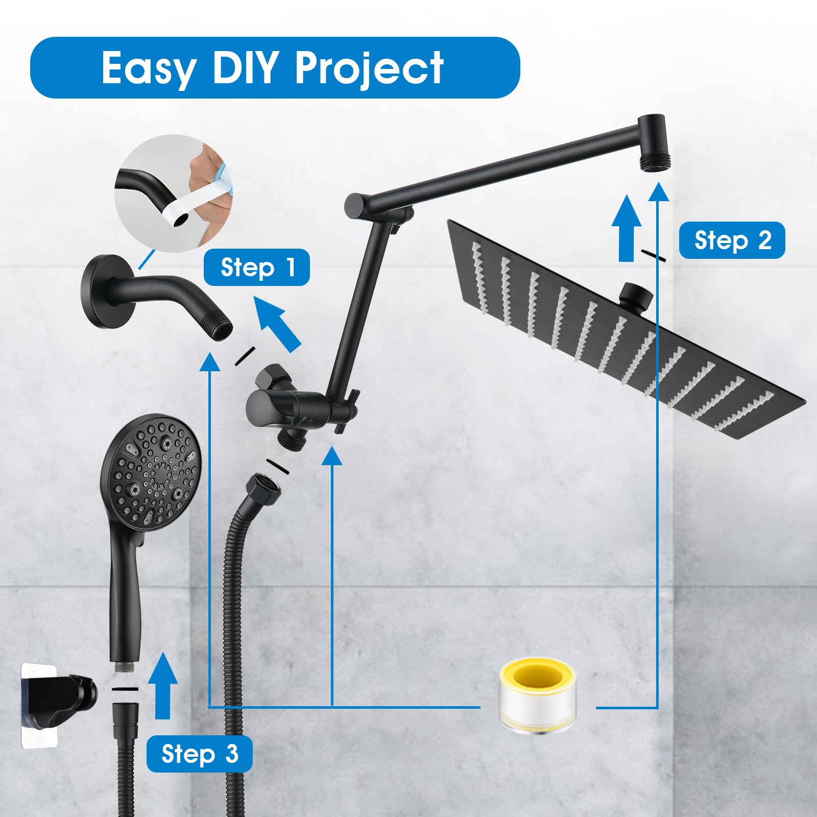 PDPBath 12" Rainfall Shower Head with Handheld Spray, Dual Rain Showerhead with High Pressure 10-Setting Wand Combo, 16" Adjustable Extension Arm Build-in 3-way Diverter, 6ft Hose -Matte Black