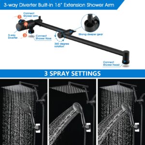 PDPBath 12" Rainfall Shower Head with Handheld Spray, Dual Rain Showerhead with High Pressure 10-Setting Wand Combo, 16" Adjustable Extension Arm Build-in 3-way Diverter, 6ft Hose -Matte Black