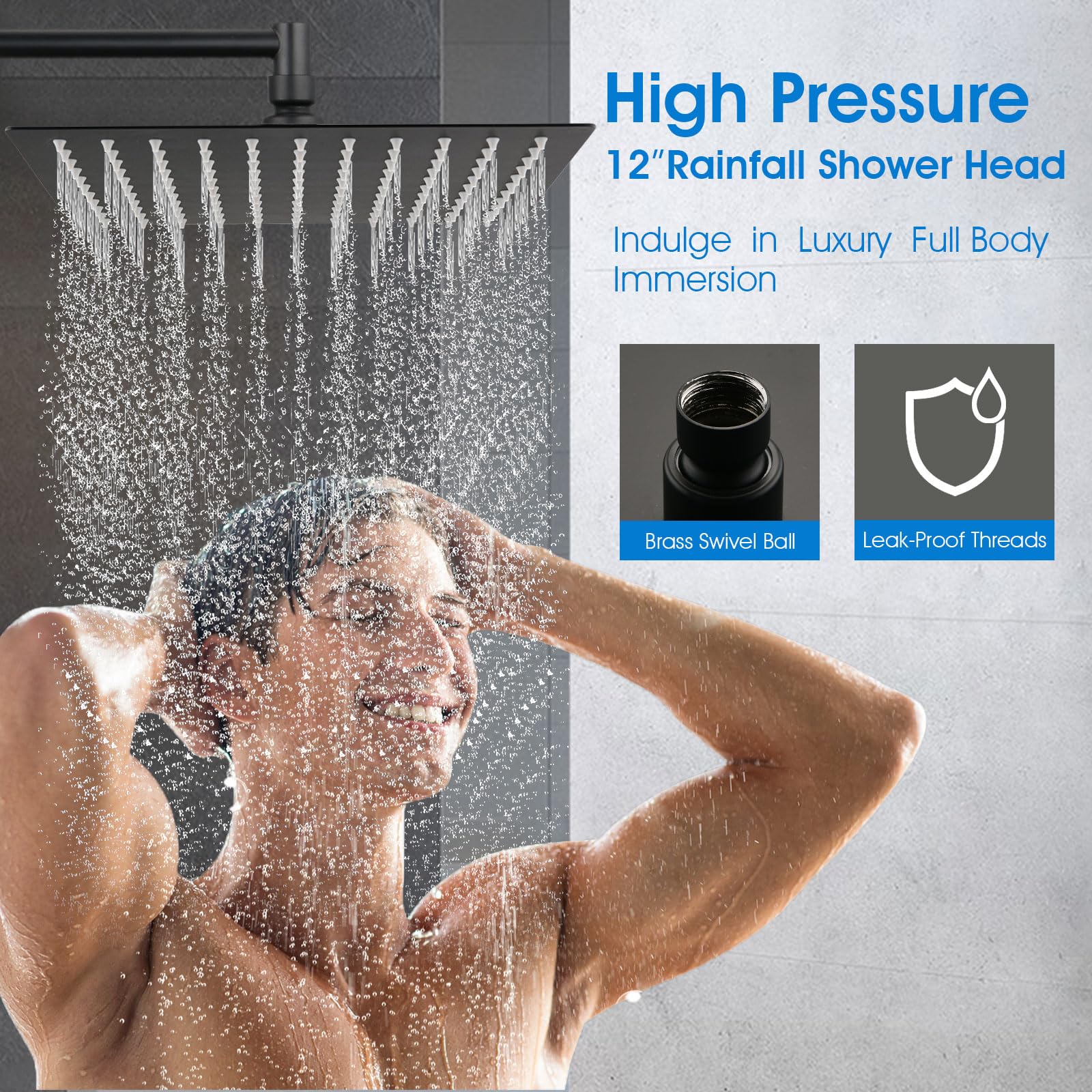 PDPBath 12" Rainfall Shower Head with Handheld Spray, Dual Rain Showerhead with High Pressure 10-Setting Wand Combo, 16" Adjustable Extension Arm Build-in 3-way Diverter, 6ft Hose -Matte Black