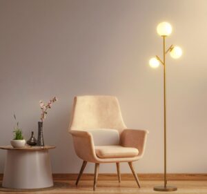 fiqevs 3 globe gold mid century floor lamp, modern standing lamp with frosted glass shade & 3pcs warm white led bulbs, contemporary tall tree lamp for living room, bedroom - antique brass