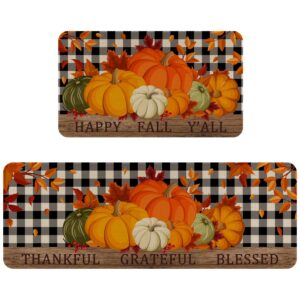 eikunn fall kitchen rugs and mats set of 2,autumn pumpkin kitchen mat for floor, buffalo plaid holiday non-slip kitchen sink mats home decor doormat+runner rug