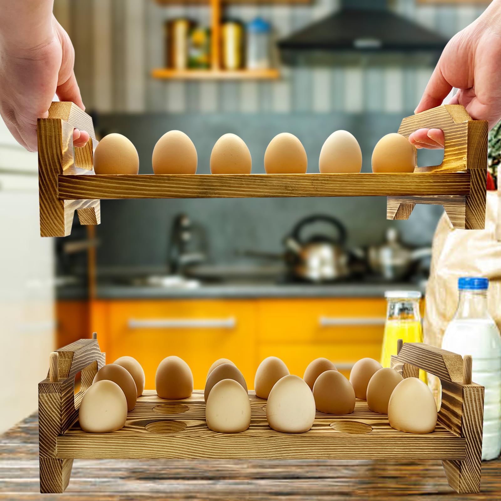 Forzater Wooden Egg Holder Countertop, Stackable Egg Storage Trays for 36 Fresh Chicken Deviled Egg Organizer Rustic Kitchen Decoration, Egg Container Rack, set of 2 pieces