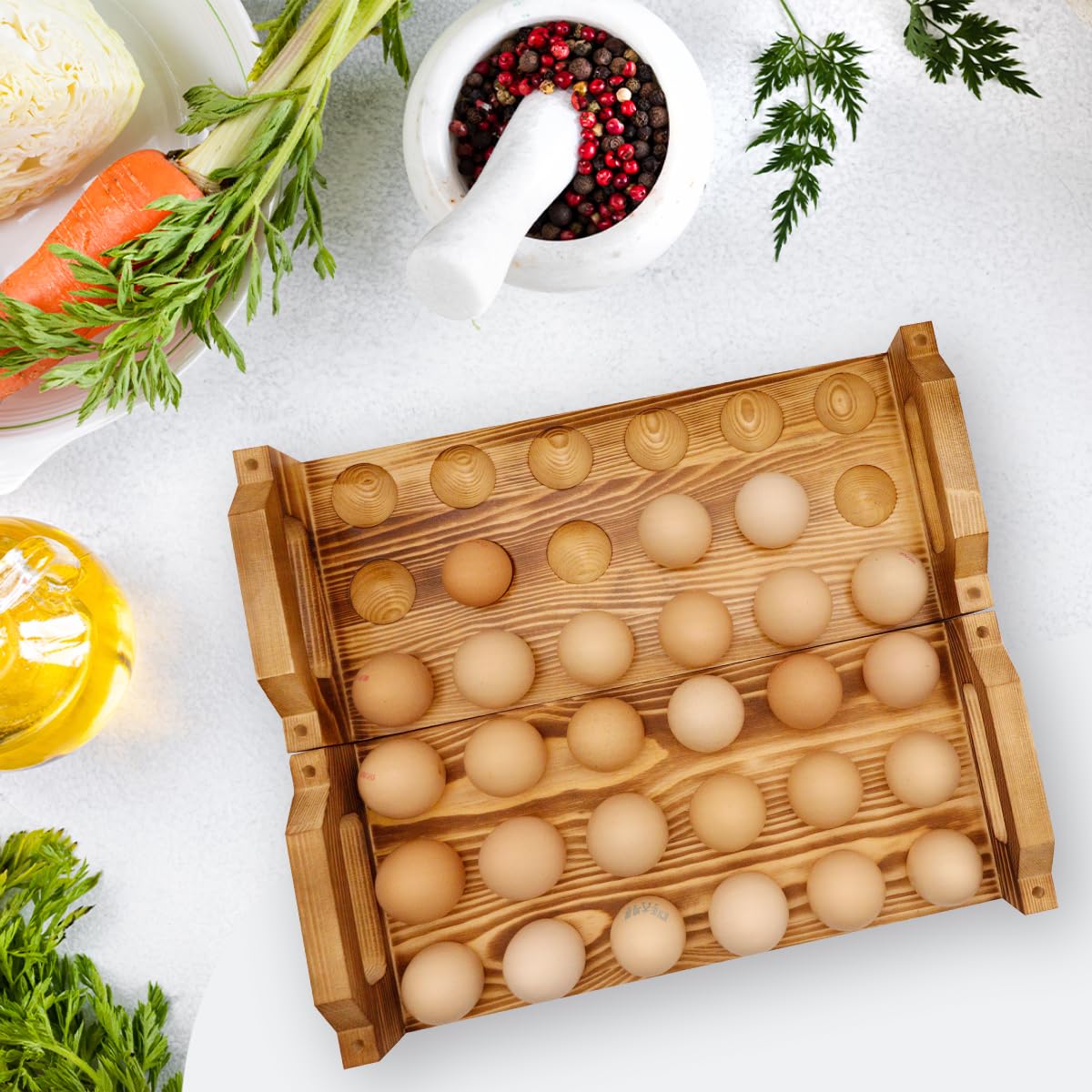 Forzater Wooden Egg Holder Countertop, Stackable Egg Storage Trays for 36 Fresh Chicken Deviled Egg Organizer Rustic Kitchen Decoration, Egg Container Rack, set of 2 pieces