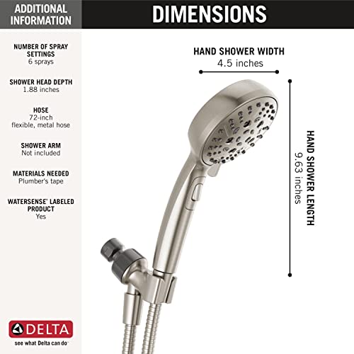 Delta Faucet 6-Setting Handheld H2Okinetic Shower Head, Brushed Nickel Shower Head with Hose, Handheld Shower Heads, Detachable Shower Head, Hand Shower 1.75 GPM, Stainless 75536SN