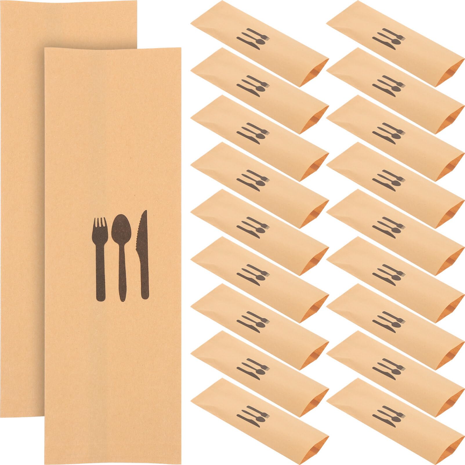 Cabilock 100pcs Kraft Paper Cutlery Holder Disposable Chopsticks Bags Paper Silverware Holder Utensil Holder Pockets Sleeve for Parties