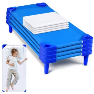 geetery stackable daycare cots with sheets for kids include 54" l x 23" w toddler nap cots for sleeping and daycare sheets for nap(blue, 8 pcs)