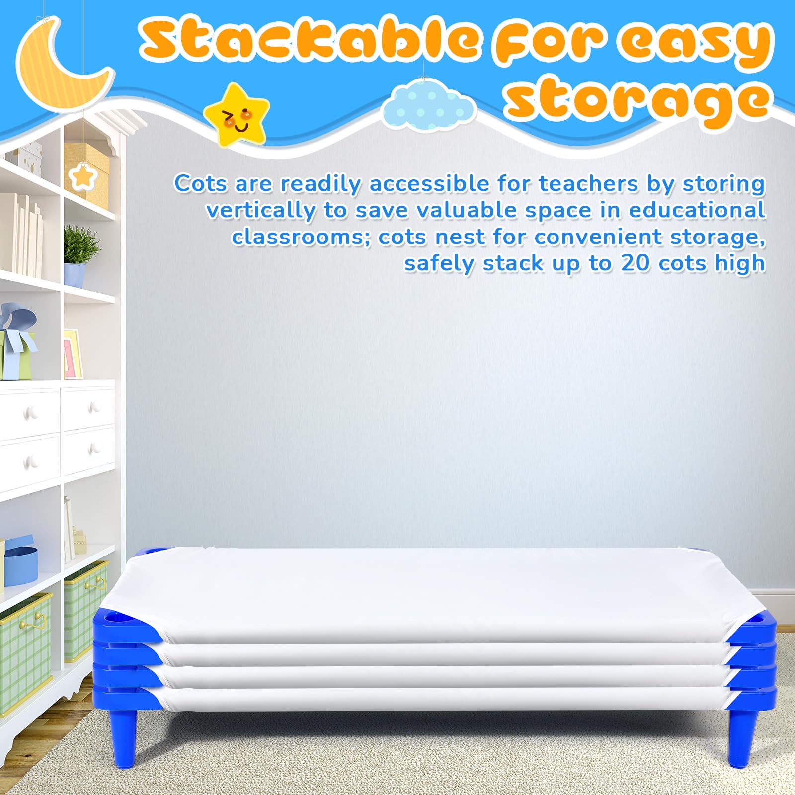 Geetery Stackable Daycare Cots with Sheets for Kids Include 54" L x 23" W Toddler Nap Cots for Sleeping and Daycare Sheets for Nap(Blue, 8 Pcs)