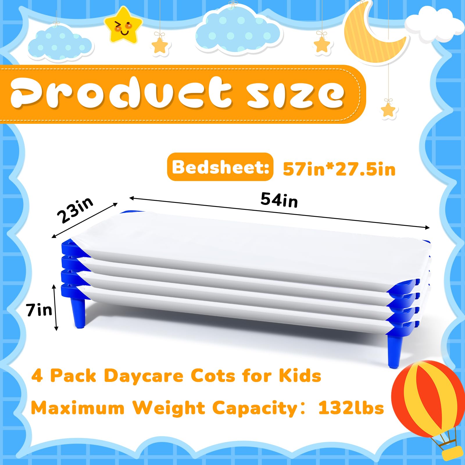 Geetery Stackable Daycare Cots with Sheets for Kids Include 54" L x 23" W Toddler Nap Cots for Sleeping and Daycare Sheets for Nap(Blue, 8 Pcs)