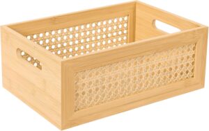 lamorée large rattan storage basket handmade natural bamboo woven storage bin with wooden frame & handles decorative wicker box for rustic farmhouse boho decor home office tabletop shelf organizer