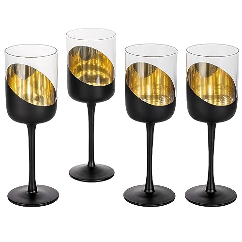 MyGift 14 oz Modern Tilted Matte Black and Gold Tone Plated Round Stemmed Wine Goblet Glasses, Cylindrical Angled Dipped Stemware with Metallic Interior, Set of 4