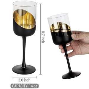 MyGift 14 oz Modern Tilted Matte Black and Gold Tone Plated Round Stemmed Wine Goblet Glasses, Cylindrical Angled Dipped Stemware with Metallic Interior, Set of 4