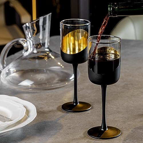 MyGift 14 oz Modern Tilted Matte Black and Gold Tone Plated Round Stemmed Wine Goblet Glasses, Cylindrical Angled Dipped Stemware with Metallic Interior, Set of 4