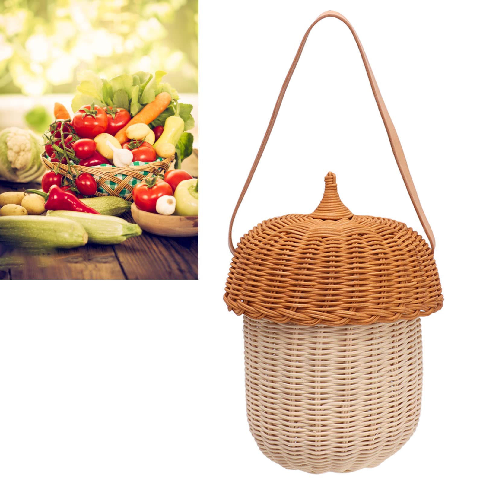 Kids Rattan Storage Basket, Hand Woven Indonesian Rattan Decorative Acorn Shaped Bag for Boys Girls Photography Props (Large Handbag)