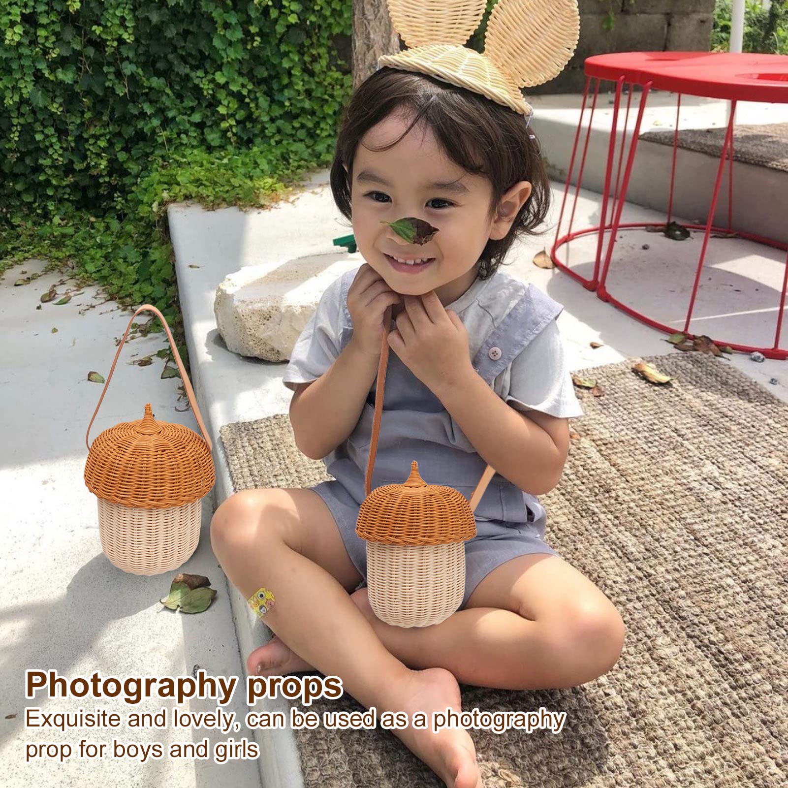 Kids Rattan Storage Basket, Hand Woven Indonesian Rattan Decorative Acorn Shaped Bag for Boys Girls Photography Props (Large Handbag)