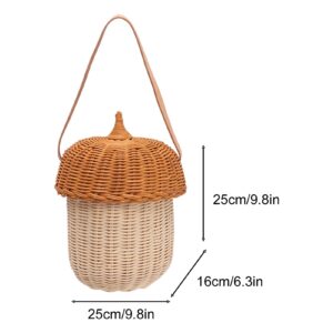 Kids Rattan Storage Basket, Hand Woven Indonesian Rattan Decorative Acorn Shaped Bag for Boys Girls Photography Props (Large Handbag)