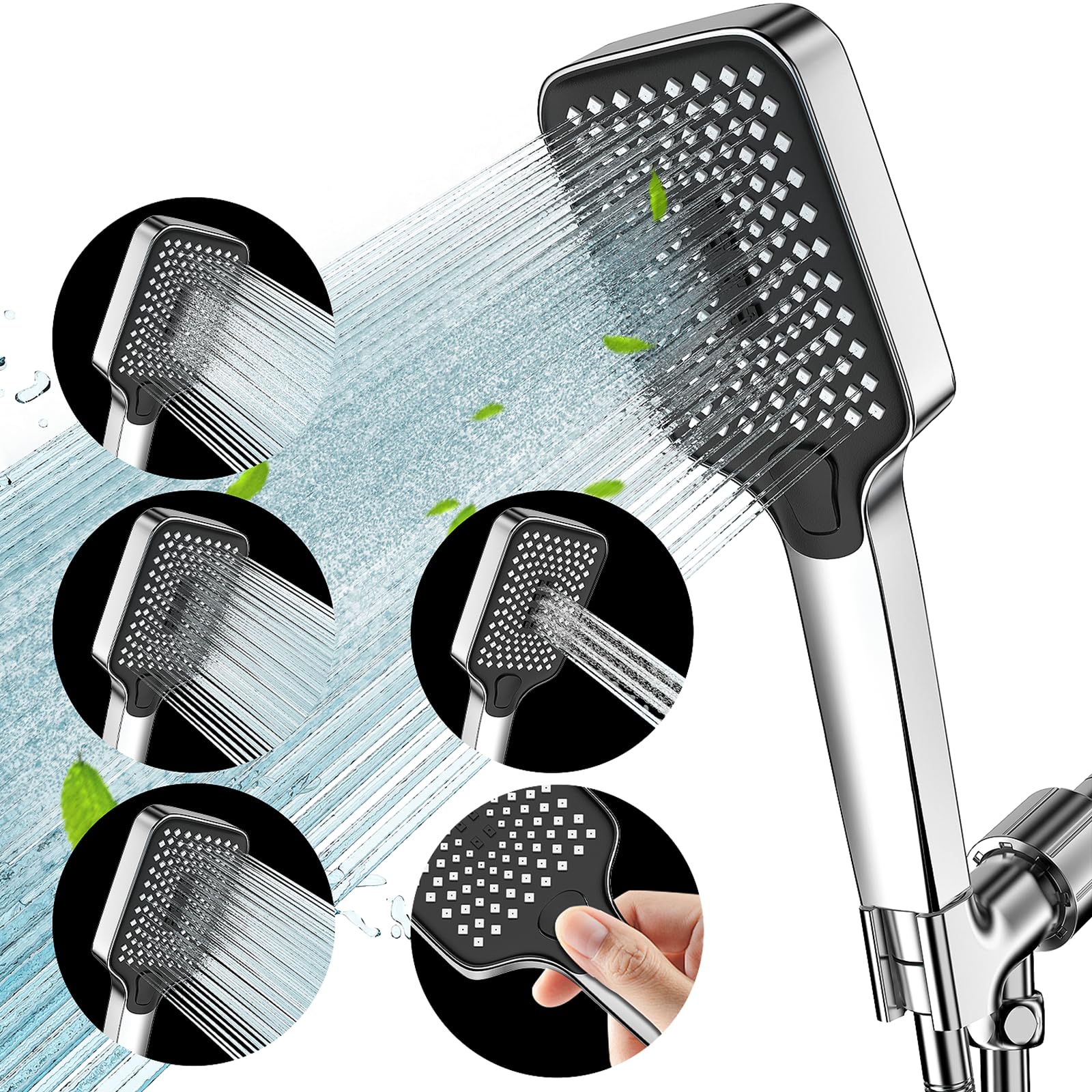 Anjien Hand Held Shower Head with Long Hose, Rainshower Showerhead & Detachable Handheld - Waterfall Shower, Massaging Showerhead & Multifunction Shower Head, High-Pressure Shower Head (Chrome Silver)