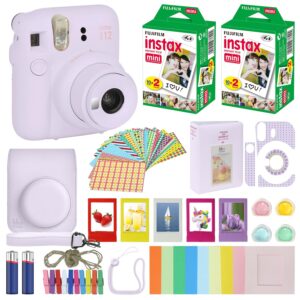 fujifilm instax mini 12 instant camera lilac purple + carrying case + fuji instax film value pack (40 sheets) accessories bundle, color filters, photo album, assorted frames