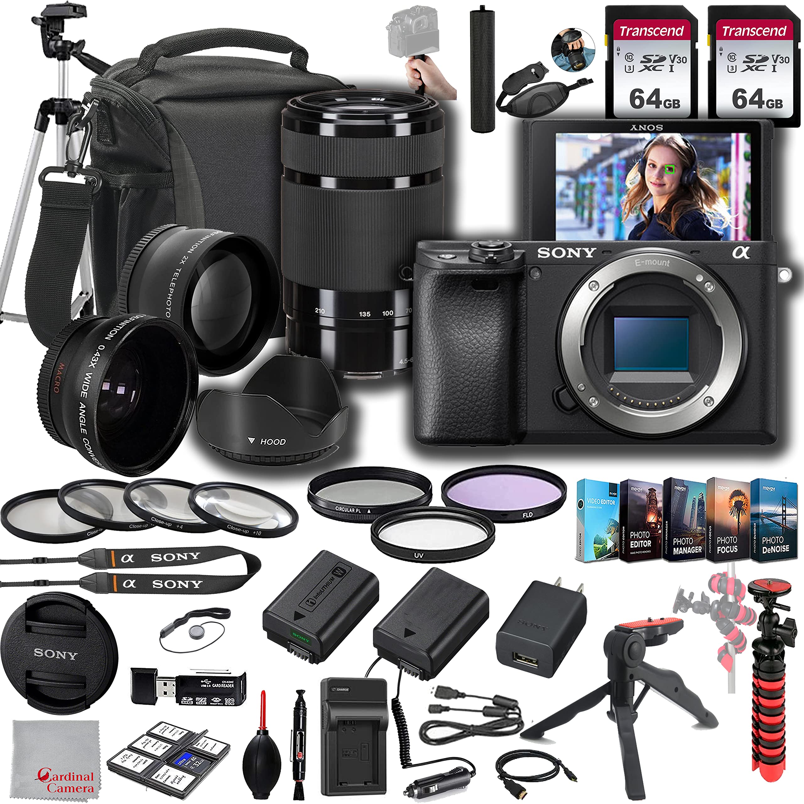 Sony a6400 Mirrorless Camera 55-210mm Lens, 128GB Memory,.43 Wide Angle & 2X Lenses, Case. Tripod, Filters, Hood, Grip,Spare Battery & Charger, Video & Photo Editing Software Kit -Deluxe Bundle