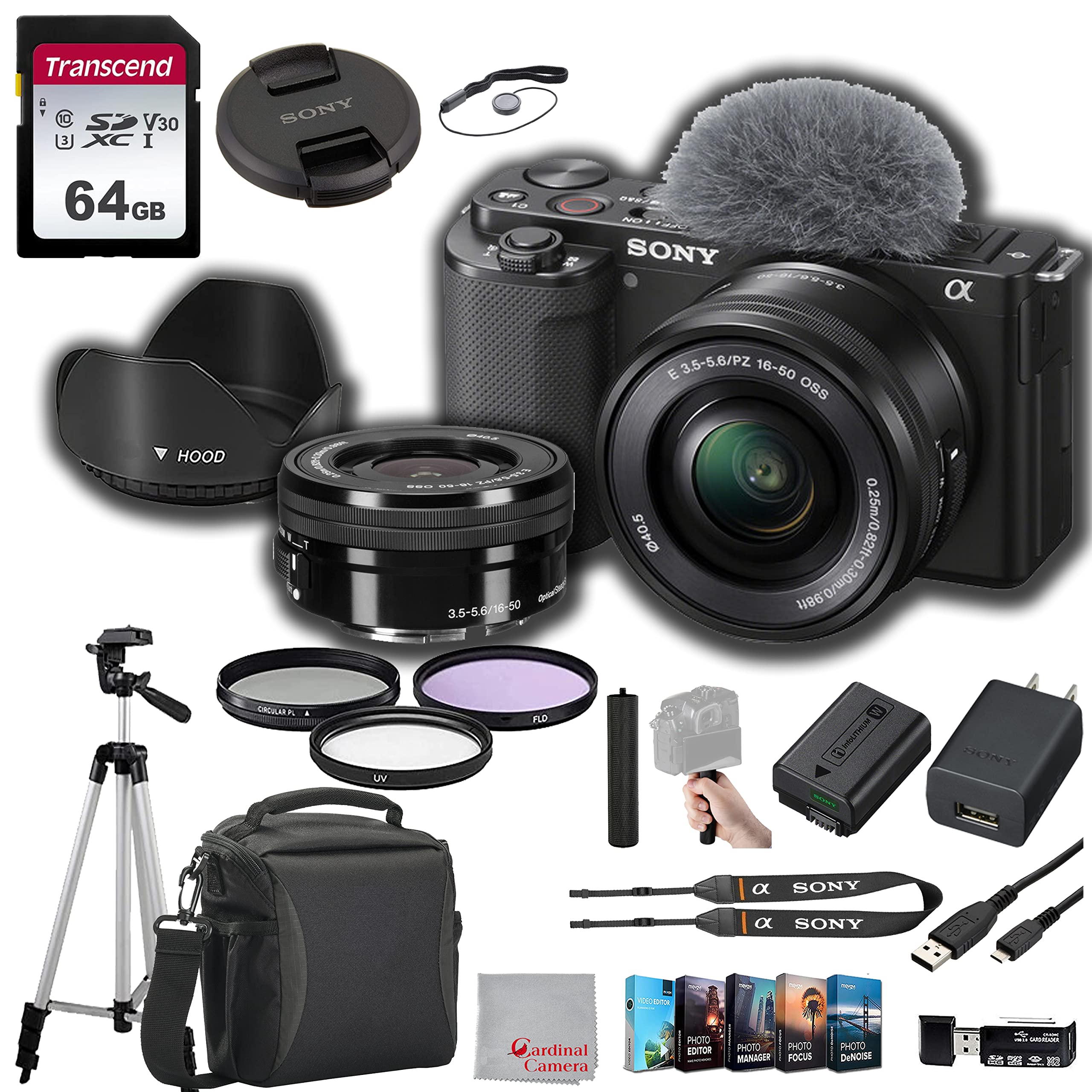 Sony ZV-E10 Mirrorless Camera with 16-50mm Lens 64GB Memory, Case. Tripod, Filters, Hood, Grip, & Professional Video & Photo Editing Software Kit