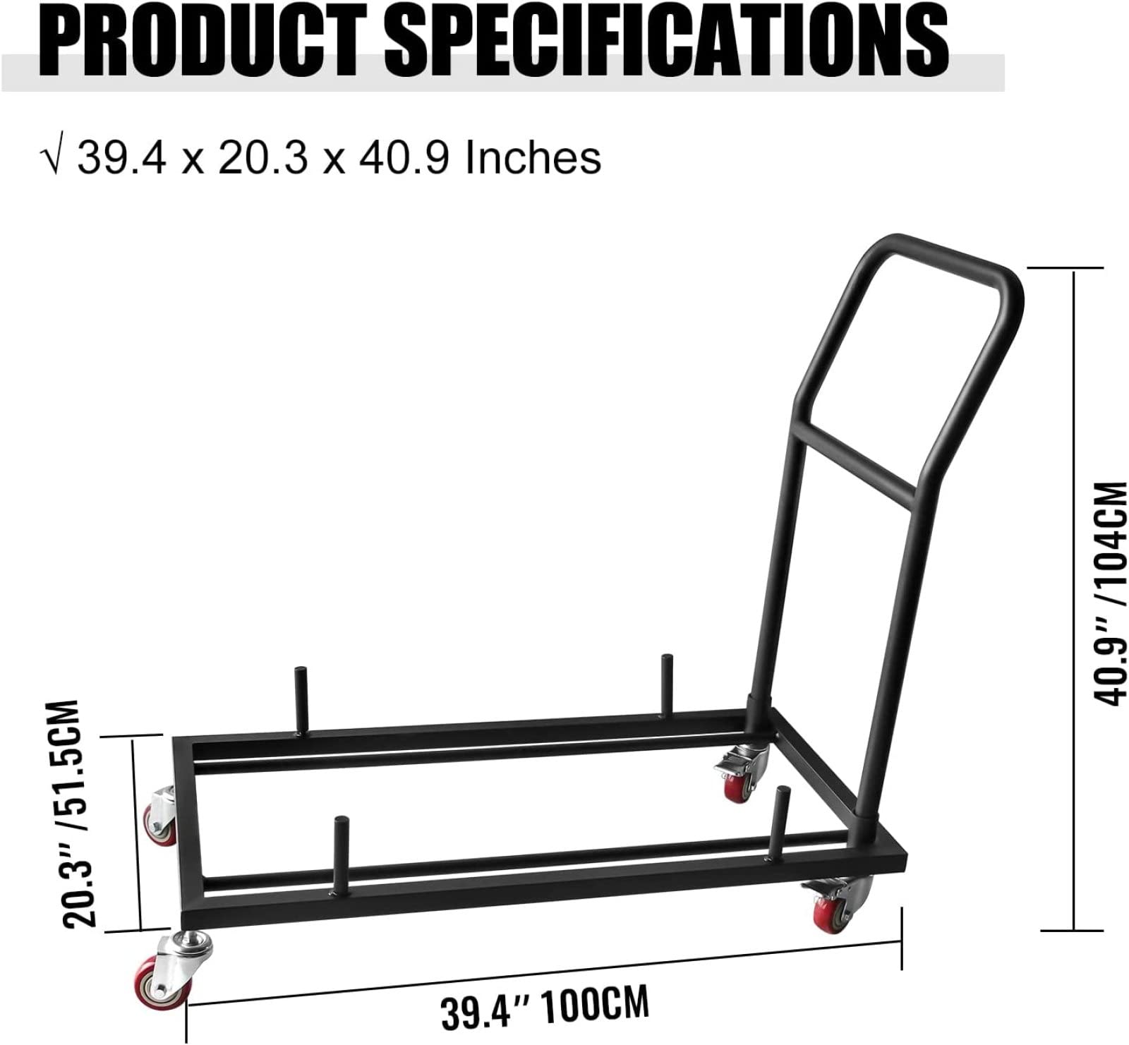 Black Folding Chair Cart Rolling Push Dolly, Commercial Grade Steel Frame, Storage Capacity 50 Chairs