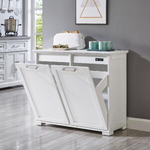 Tilt Out Trash Cabinet, Wooden Kitchen Garbage Can Free Standing Holder, Tilt Out Laundry Hamper Cabinet (Double White)