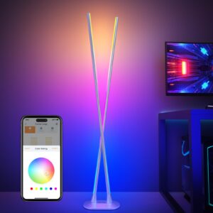 mujoy 60" rgbww corner floor lamp with rotatable 2-light bar, modern floor lamp work with alexa & google assistant, wifi app, music sync, 20 scene, ambiance standing lamp for living room, gaming room